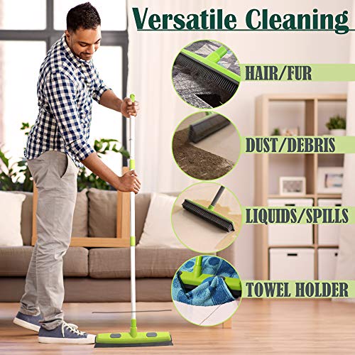 Guay Clean Rubber Push Broom Pet Hair Fur Removal Soft Bristle Sweeper for Carpet and Floor, Squeegee and Grommet for Pads and Towels -Telescopic Pole up to 50 Inches - Blue