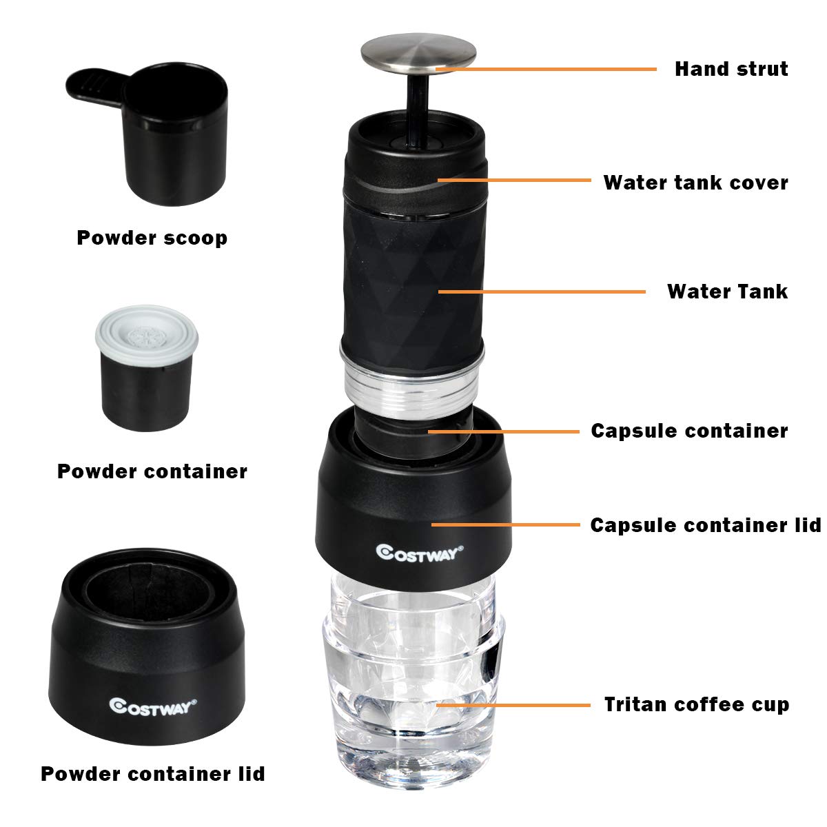 COSTWAY Manual Espresso Machine, 2-in-1 Portable Coffee Maker 20 Bar Pressure for Capsule and ground coffee