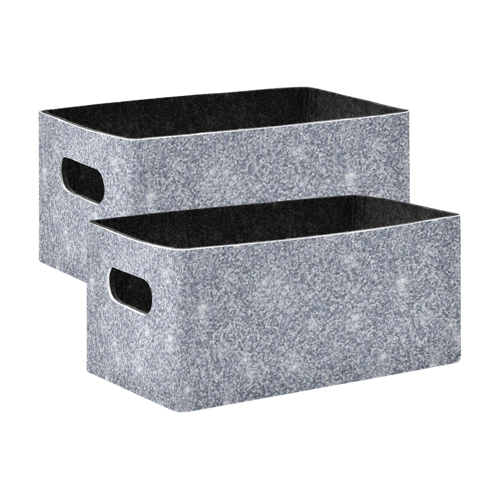 Emelivor Silver Glitter Storage Basket Bins Set (2pcs) Felt Collapsible Storage Bins with Dual Handles Foldable Storage Baskets Boxes for Office Bedroom Closet Babies Nursery