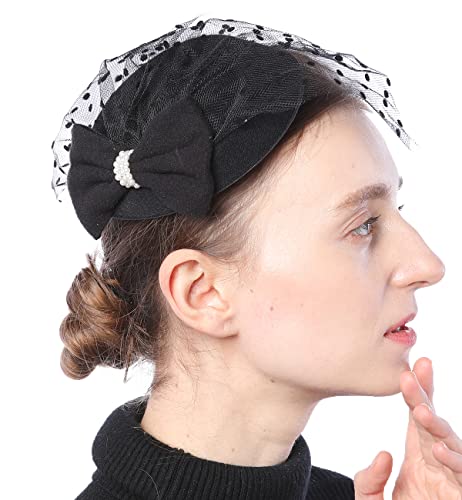 Coolwife Fascinator Hats Pillbox Hat British Bowler Hat Flower Veil Wedding Hat Tea Party Hat (E Black)