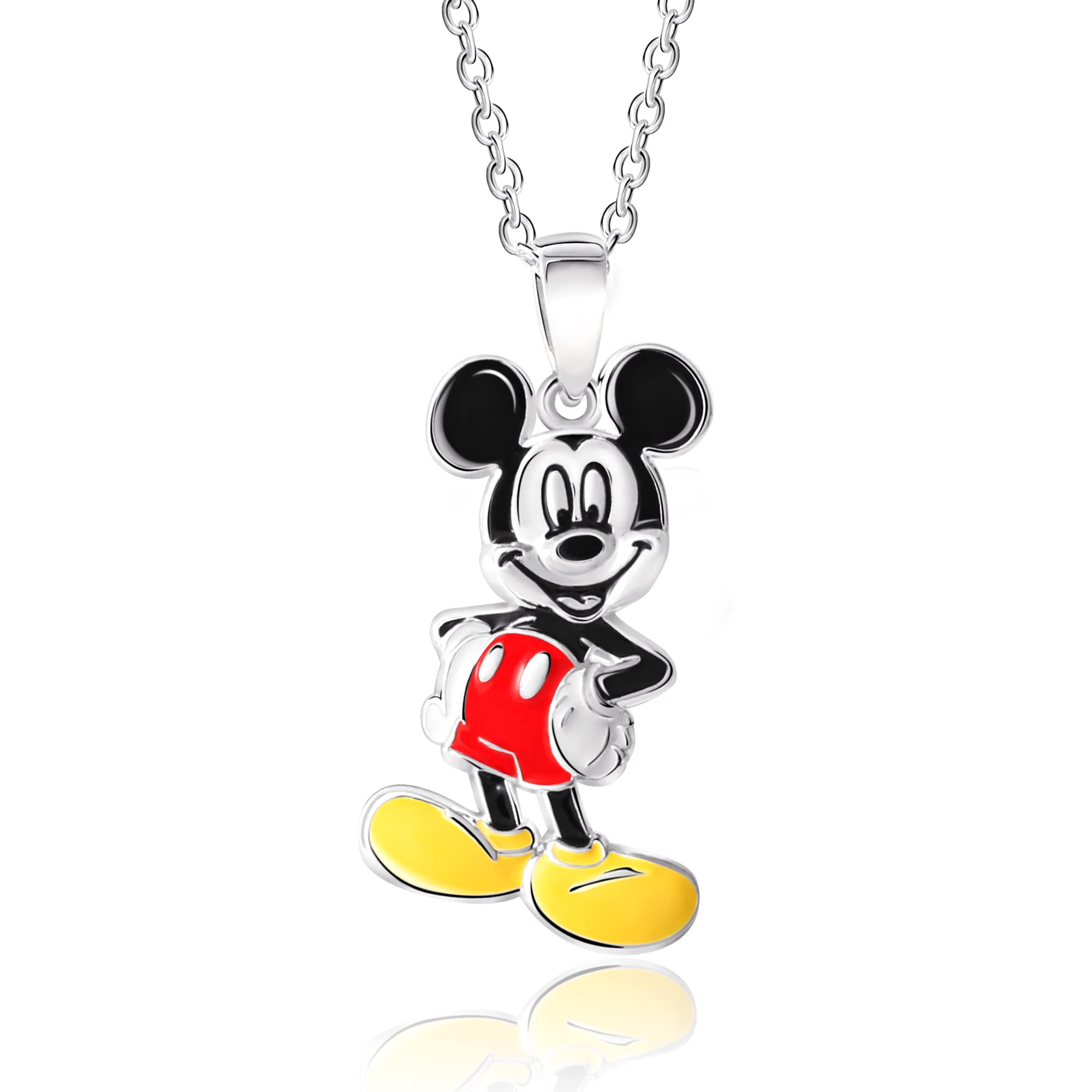 Disney Mickey Mouse Jewelry for Women, Silver-Plated Enamel Classic Mickey Mouse Pose Pendant Necklace, 18β Chain