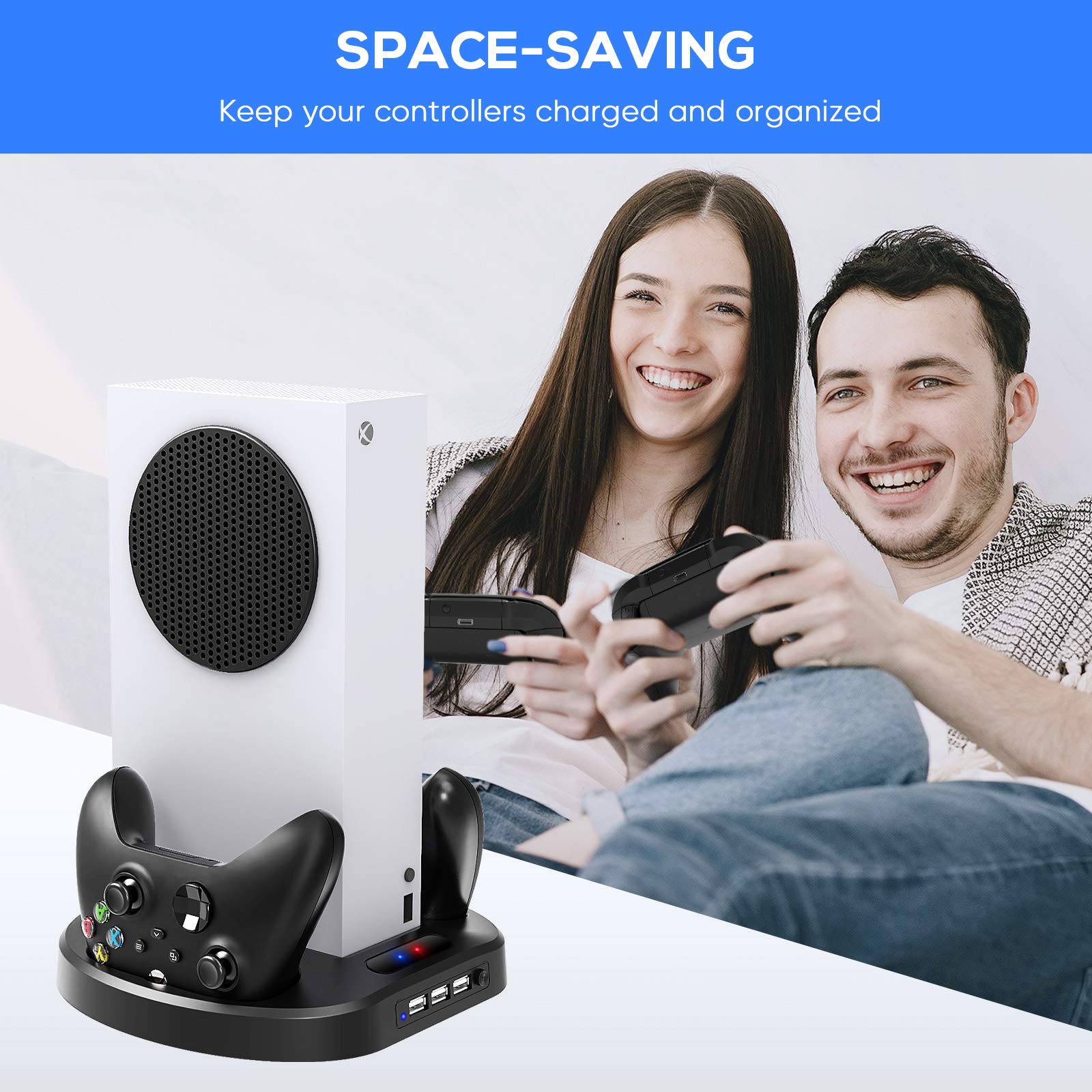 FASTSNAIL Cooling Stand for Xbox Series S Console, Xbox Series S Vertical Stand with Cooling Fan Cooler, Dual Charging Dock for Xbox Series Controller Charger Docking Station