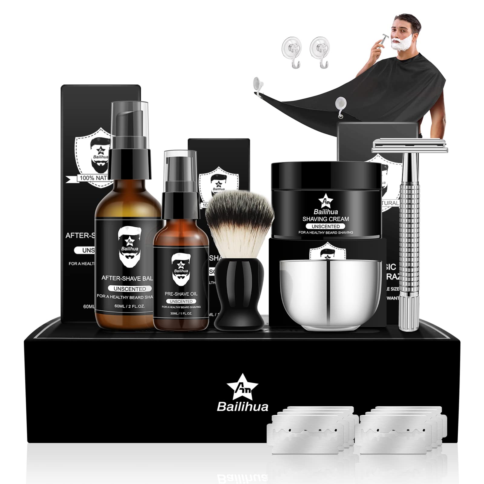 Razor Shaving Kit for Men, Include Safety Razor, Shaving Cream, Pre Shave Oil, Aftershave Balm for Men, Shaving Brush & Bowl, Shaving Apron Bib Gift Sets for him Boyfriend Stocking Fillers (Unscented)
