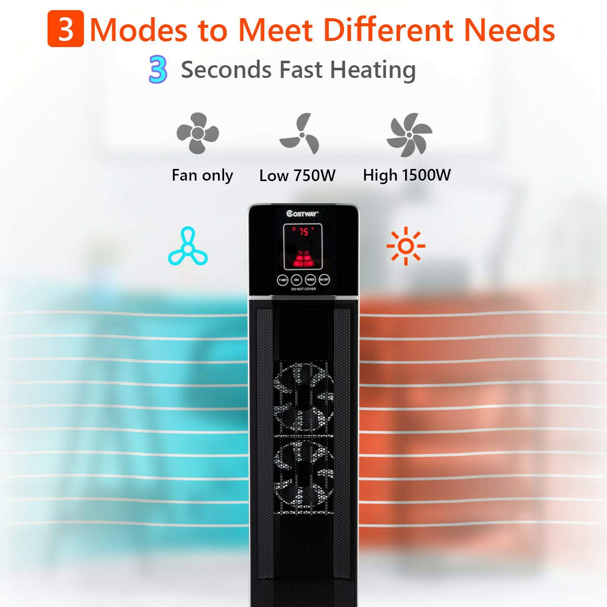 COSTWAY Oscillating Ceramic Tower Heater, 30.5-Inch Portable Room Heater 750W/1500W with 8H Timer, Adjustable Thermostat & Wireless Remote Control, Overheat & Tip-Over Protection for Indoor, Black