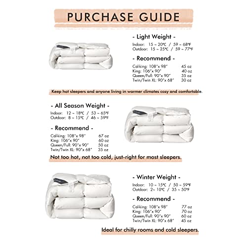 Royoliving Superior Poland Down Comforter 100% Egyptian Cotton Shell All Season Queen/Full Size Quilted Duvet Insert with 4 Corner Tabs and 4 Middle Loops (White All Season, Queen/Full)