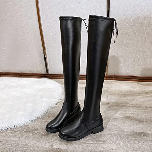 FASDNENDYS Womens Pointed Toe Knee High Boots Shoes Boots Up Heeled Low Knee Long High Boots Over Short Heel Black