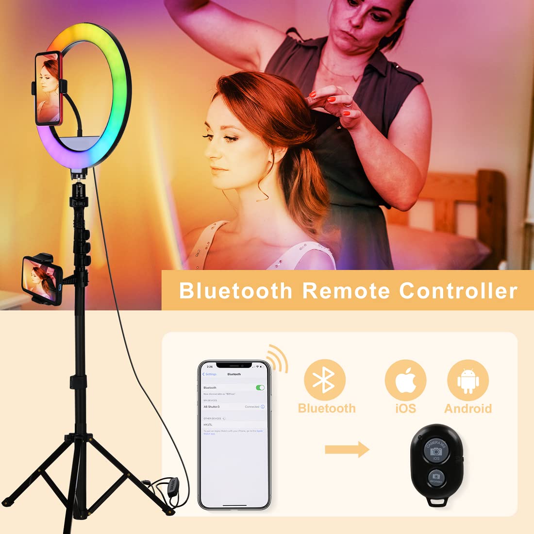 Znbruiap 10 in RGB Selfie Ring Light with Tripod Stand & Phone Holders-Ring Light Color Changing with Desktop Tripod and Remote