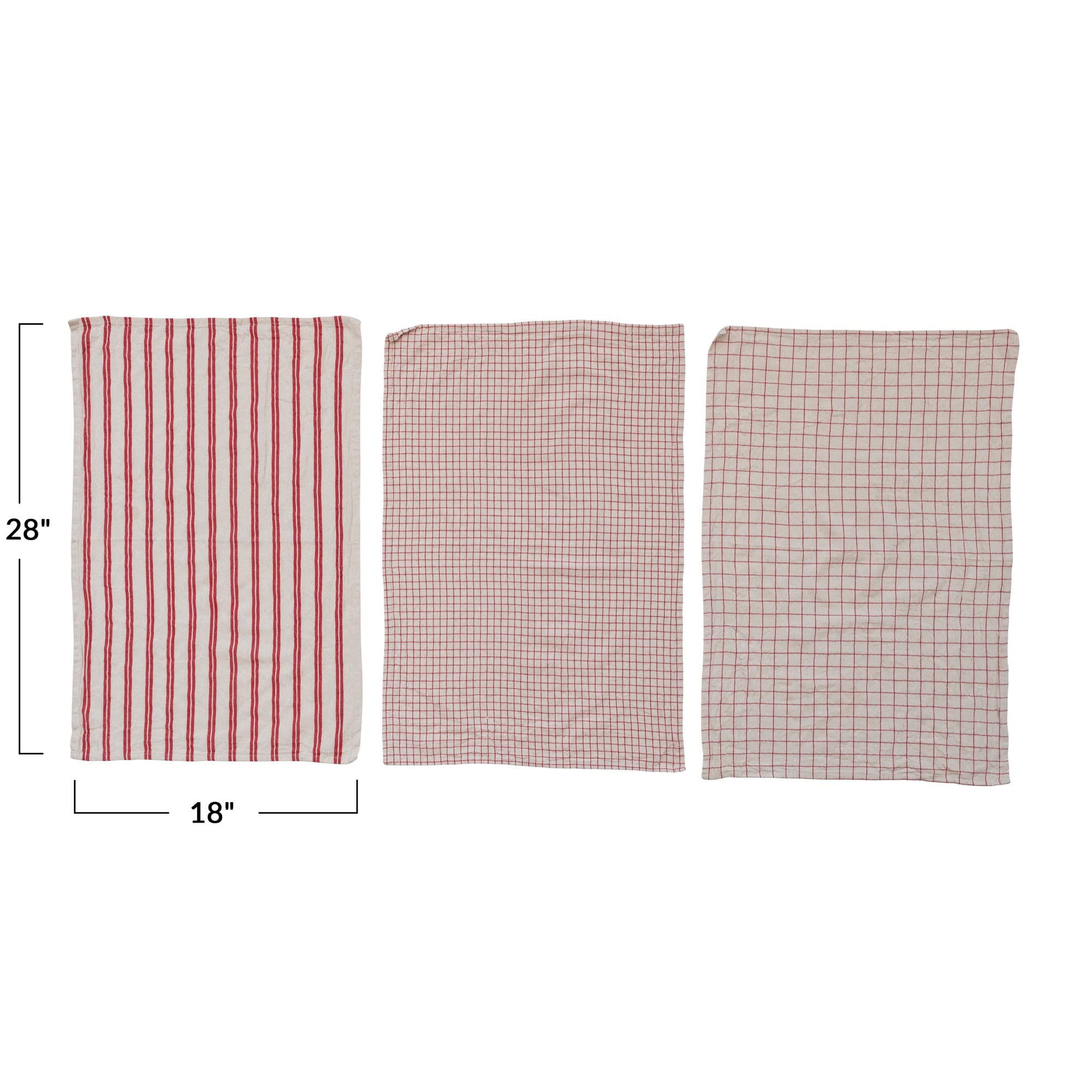 Creative Co-Op Cotton Grid Pattern and Stripes, Set of 3 Styles, Red and White Tea Towel