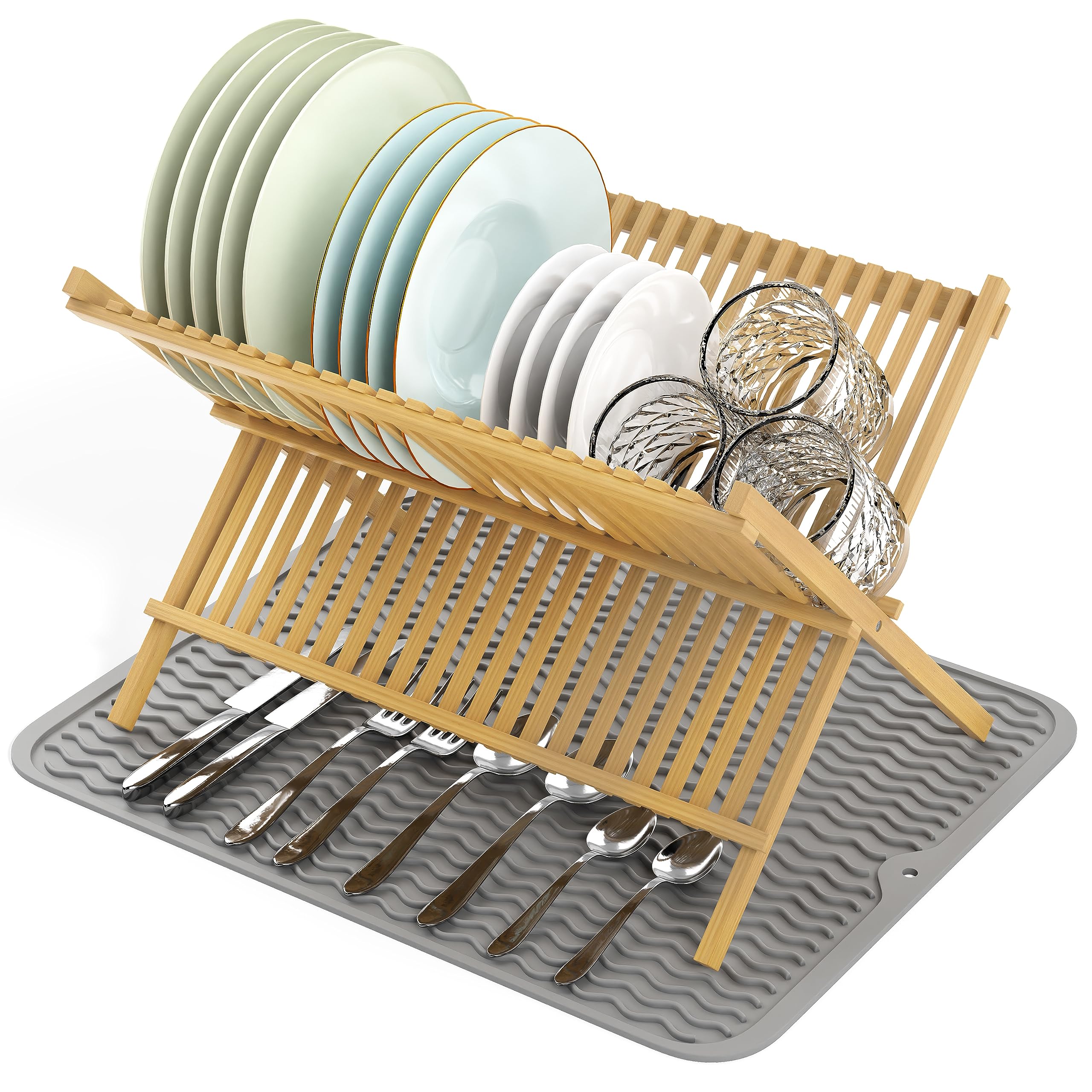 Compact Dish Drying Mat and Bamboo Dish Rack Combination Set (Grey Silicone, Bamboo Rack)