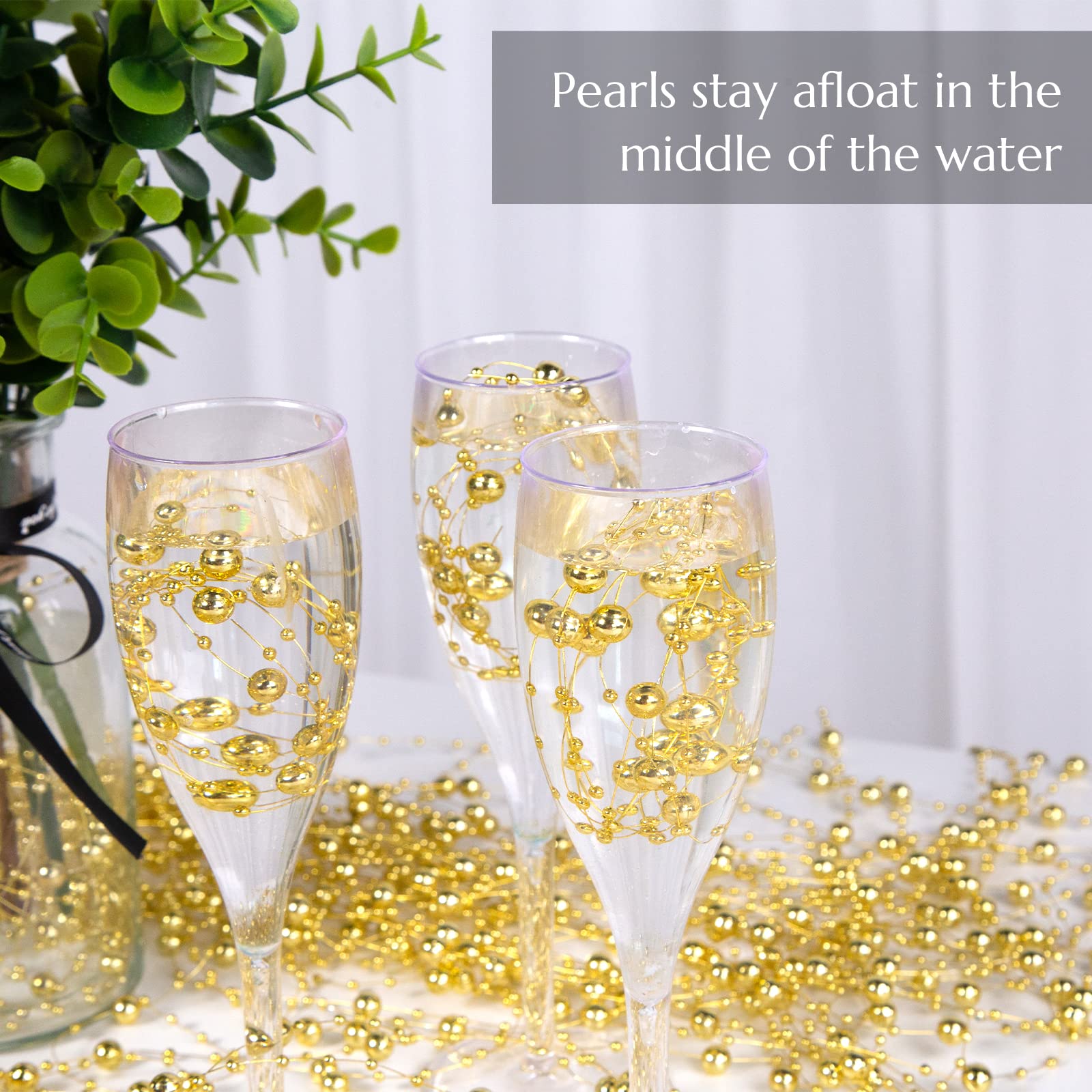 DomeStar 36 Pcs Artifical Gold Pearl String for Floating Candle,Floating Faux String Pearls Beads for Vases Filler Centerpiece Christmas Wedding DIY Crafts Party Decor