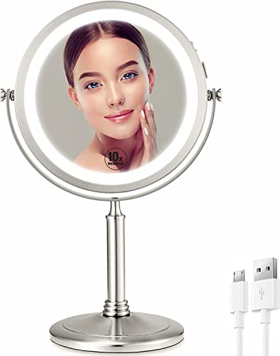 VESAUR 8" Rechargeable Lighted Makeup Mirror, 1X/10X Magnifying Mirror with 3 Colors 50 LED Lights, Touch Screen Brightness Adjustable, Removable Travel Vanity Mirror 360° Rotation, Senior Nickel