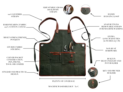 Garden Apron for Women Men, Gardening Apron with Pockets and Adjustable Leather Straps, Canvas Waist Kitchen Apron for Harvesting Weeding Gardening Cooking Baking, Gardener Gift Idea