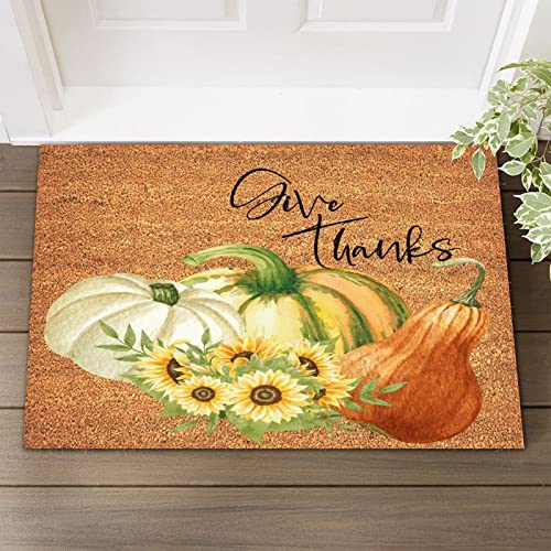 Welcome Rug Pumpkin Sunflower Fall Leaves Entryway Outdoor Floor Door Mat with Heavy Duty Backing Give Thanks Coir Mat Outdoor - Front Door Entryway Mats Welcome Home Gifts 16x24in