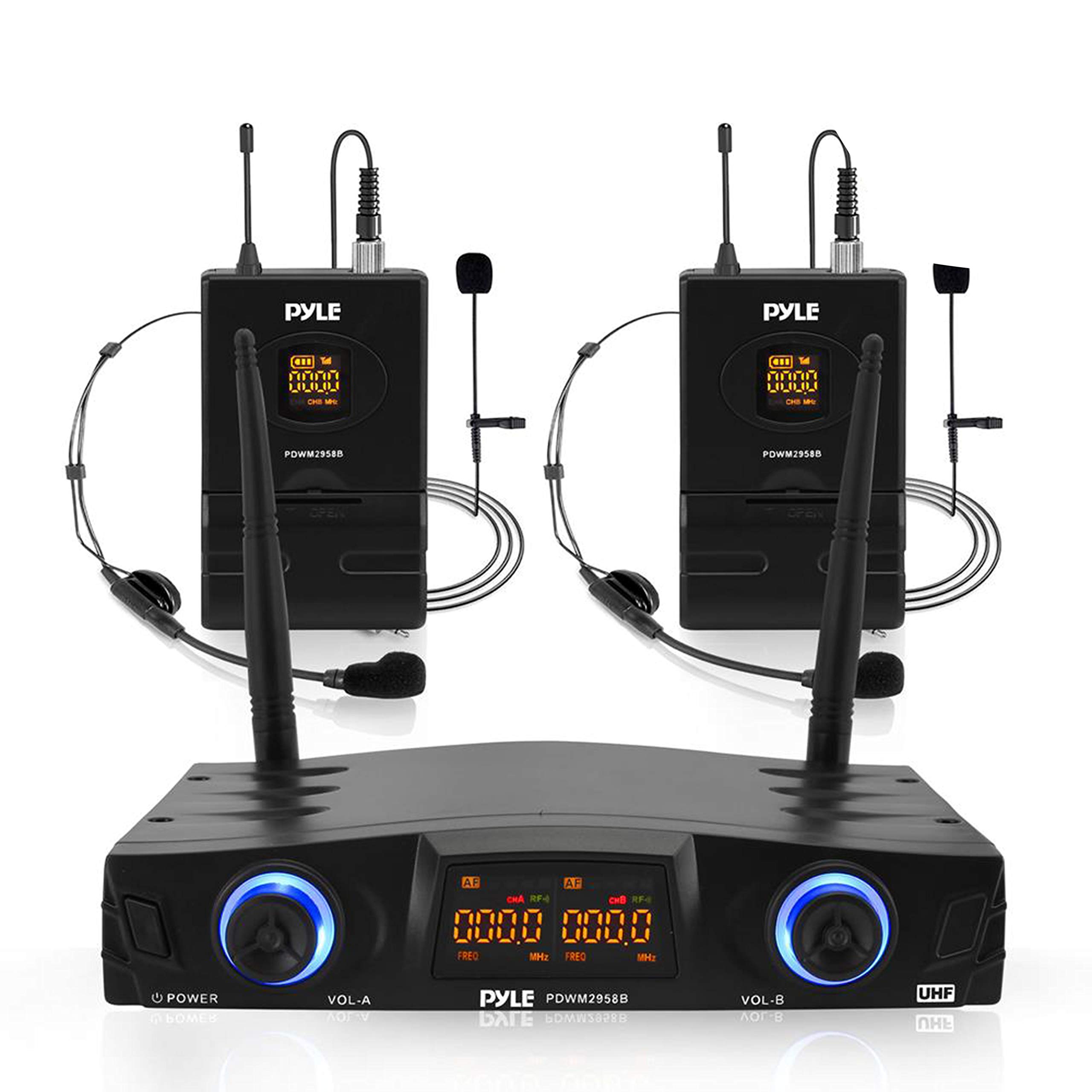 Compact UHF Wireless Microphone System - Pro Portable Dual Channel Desktop Digital Mic Receiver Set w/ 2 Belt-Pack Transmitter, Receiver, 2 Headset, Lavalier Mics, XLR, for Home, PA - Pyle PDWM2958B