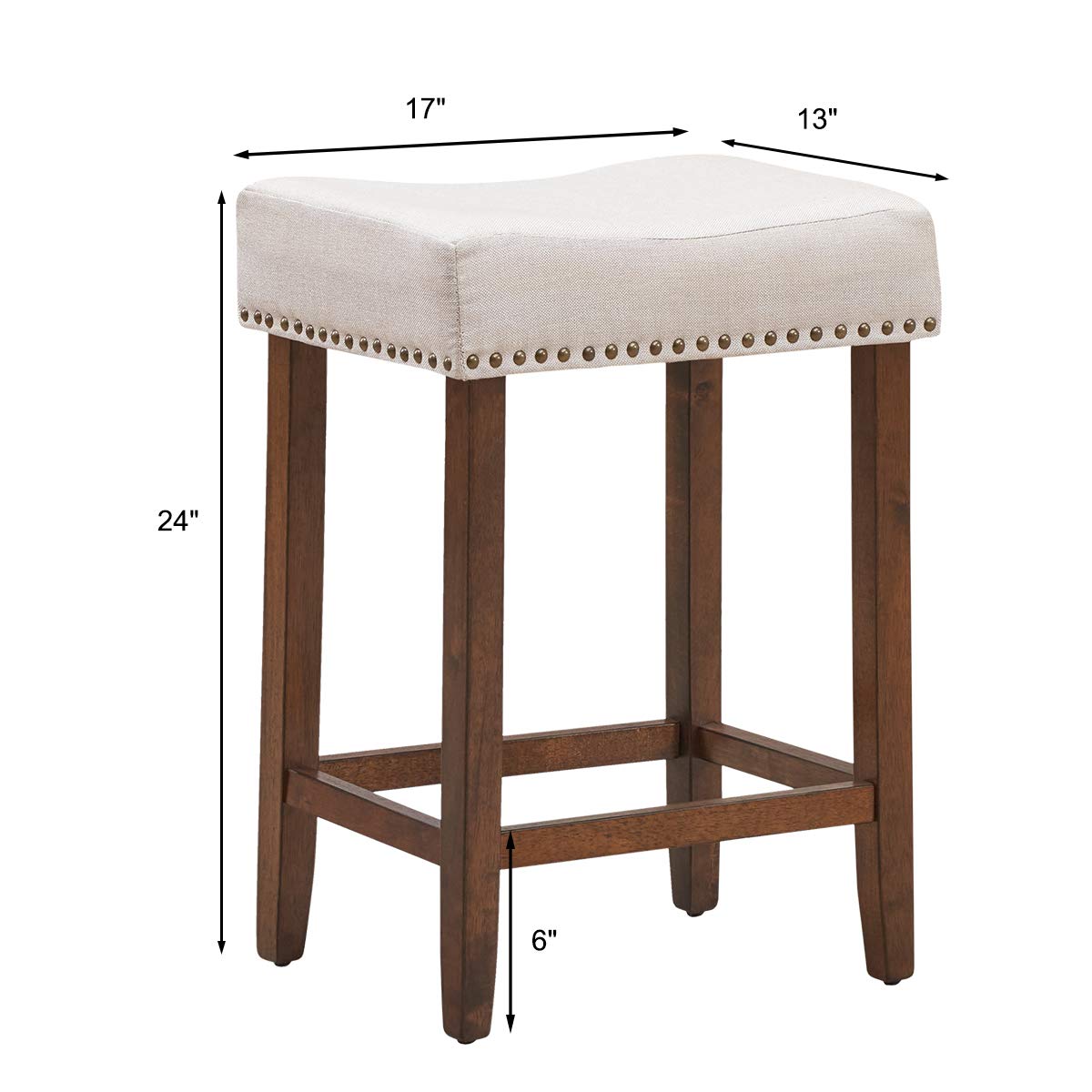 COSTWAY Saddle Stools Set of 2, 29-inch Counter Height Backless Stools with Brass Nailhead Trim, Solid Wood Legs, Foot Rest, Max Load 264 Lbs, Upholstered Bar Chair for Kitchen Island Pub, Grey