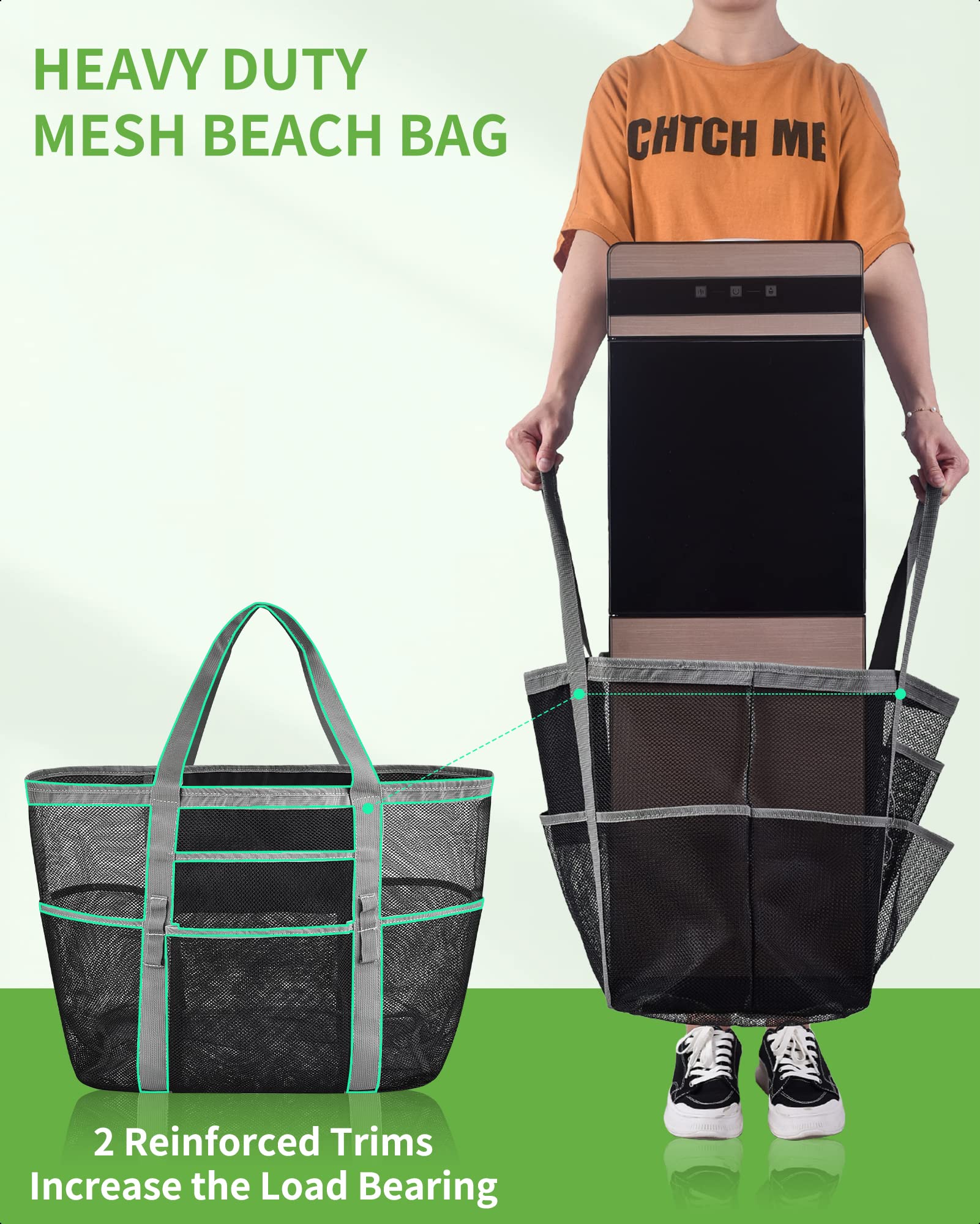 Extra Large Mesh Tote Bag with Multiple Pockets, Heavy Duty Beach Bag for Family Trip Camping Swimming