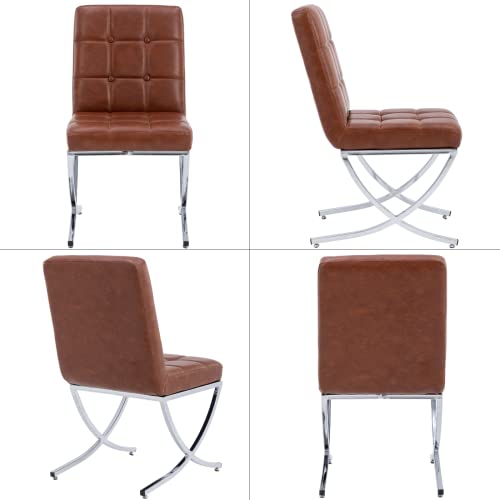 LukeAlon PU Leather Dining Chairs Set of 2, Upholstered Button Tufted Dining Room Chairs with Metal Legs Modern Armless Dinner Chairs Comfy Side Chairs for Kitchen, Brown