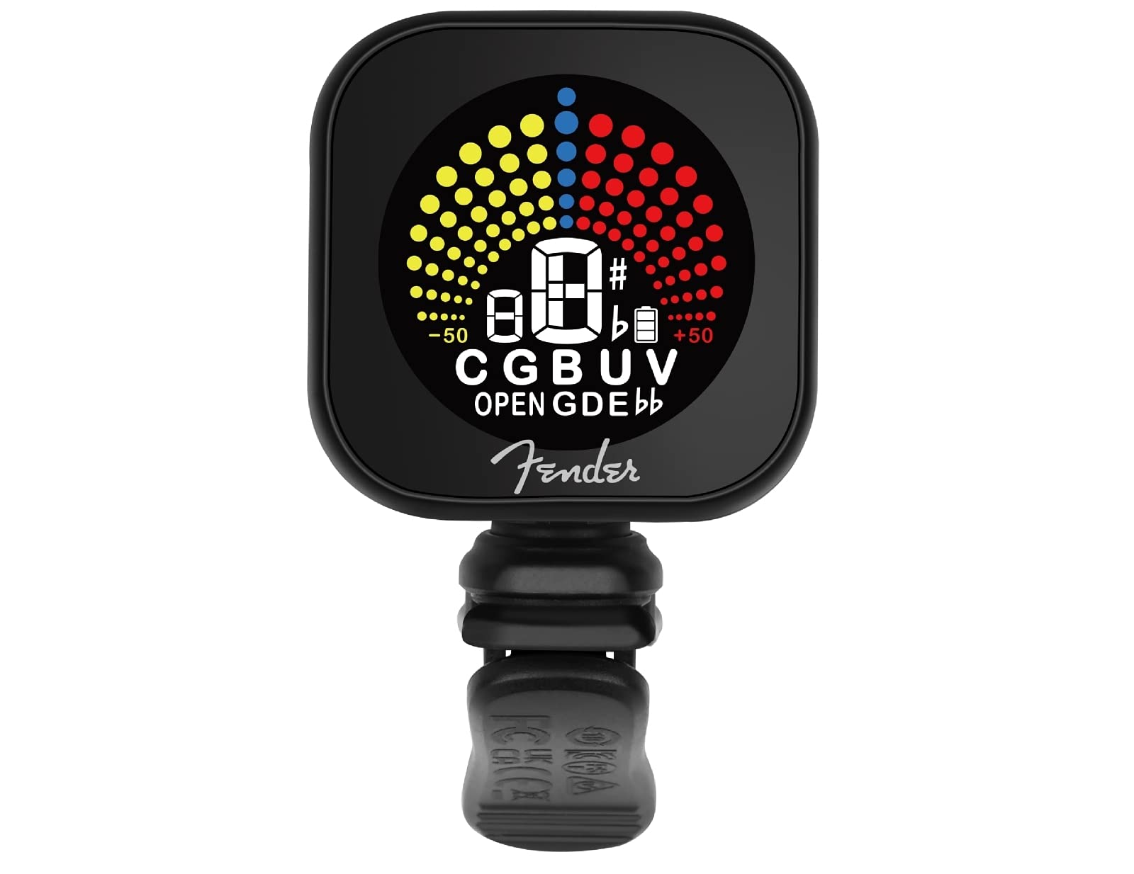 Fender Flash 2.0 Guitar Tuner Clip On, Rechargeable Guitar Tuner for 6 Strings, Battery and Micro USB Audio Charger Included, 4x3x2 Inches, 1 Count,Black