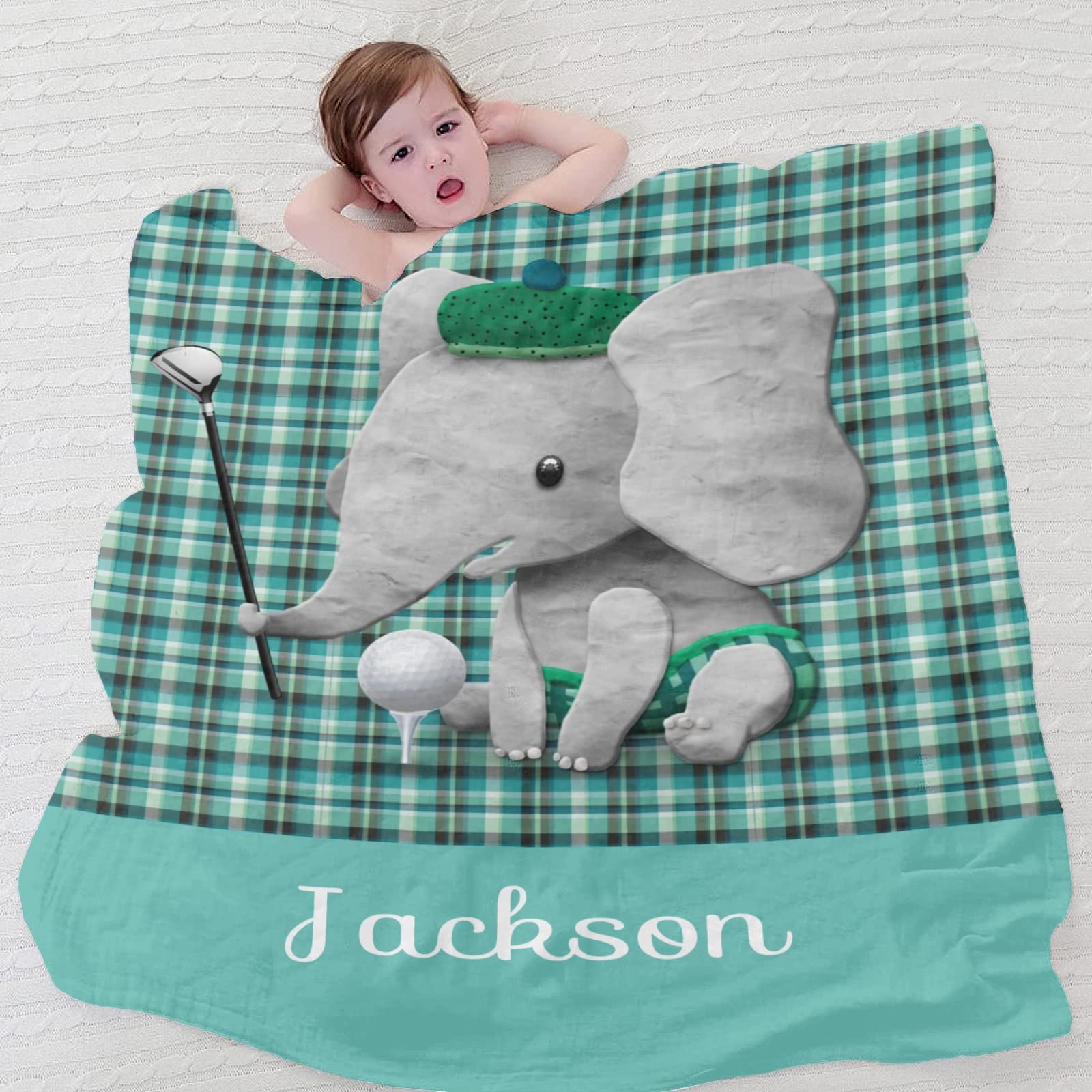Elephant Play Golf Personalized Baby Blanket, Custom Name Sherpa Fleece Baby Blankets for Newborns, Infants, Toddlers, and Nursery 30"x40"