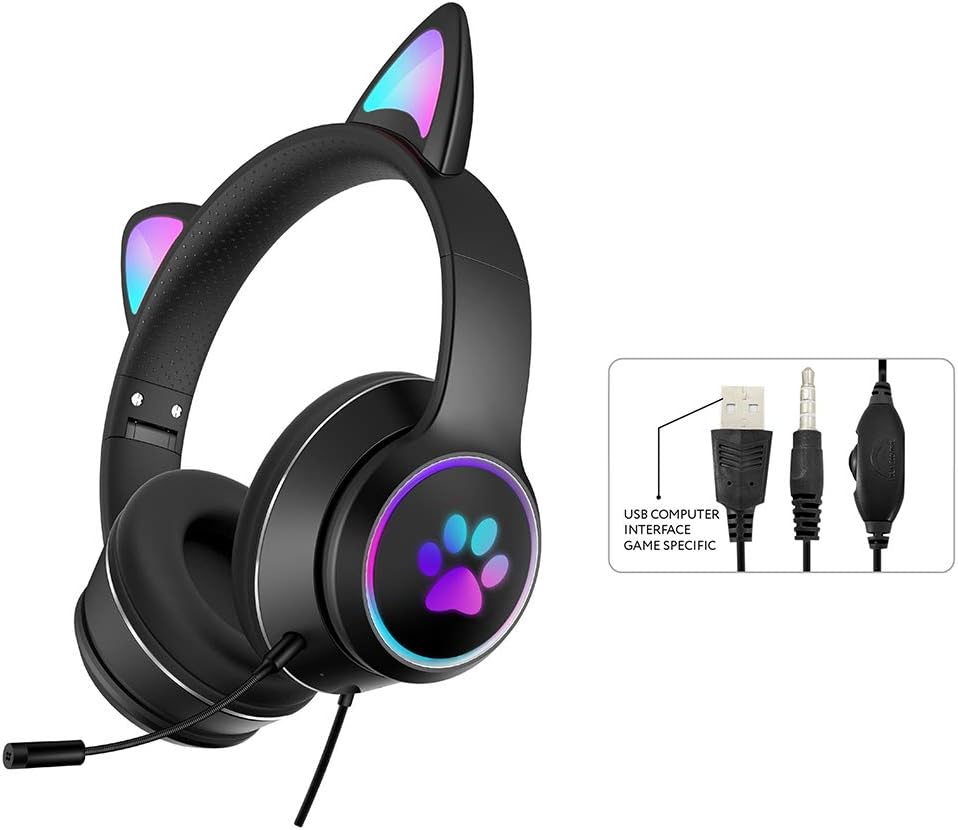 EKDJKK Cat Ear Bluetooth Headphones Foldable Wireless LED Light Up Foldable Headphones HiFi 3.5MM Noise Reduction Headphones Computer Gaming Headset with Microphone and Volume Control