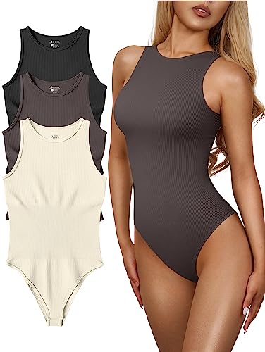 OQQ Women's 3 Piece Sexy Ribbed One Sleeveless Halter Neck BodySuit, Black Tea Leaf Beige, Medium