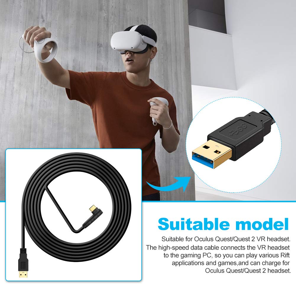 EKDJKK Link Cable, VR Headset Accessories for Oculus Quest/Quest 2 Headset, 16ft (5M) Cable for PC Gaming, Charging High Speed Data Transfer, USB-A to USB-C Link Cable with Fixing Clip