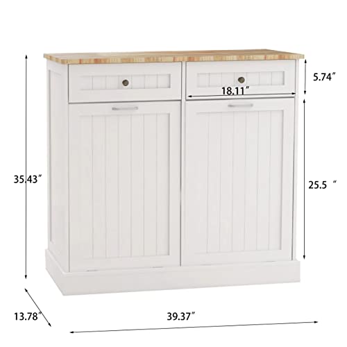 OQSC Double Tilt Out Trash Cabinet with 2 Drawers Wooden Free Standing Laundry Sorter Cabinet Kitchen Recycling Trash Can Bin Holder Cabinet with Storage (White)