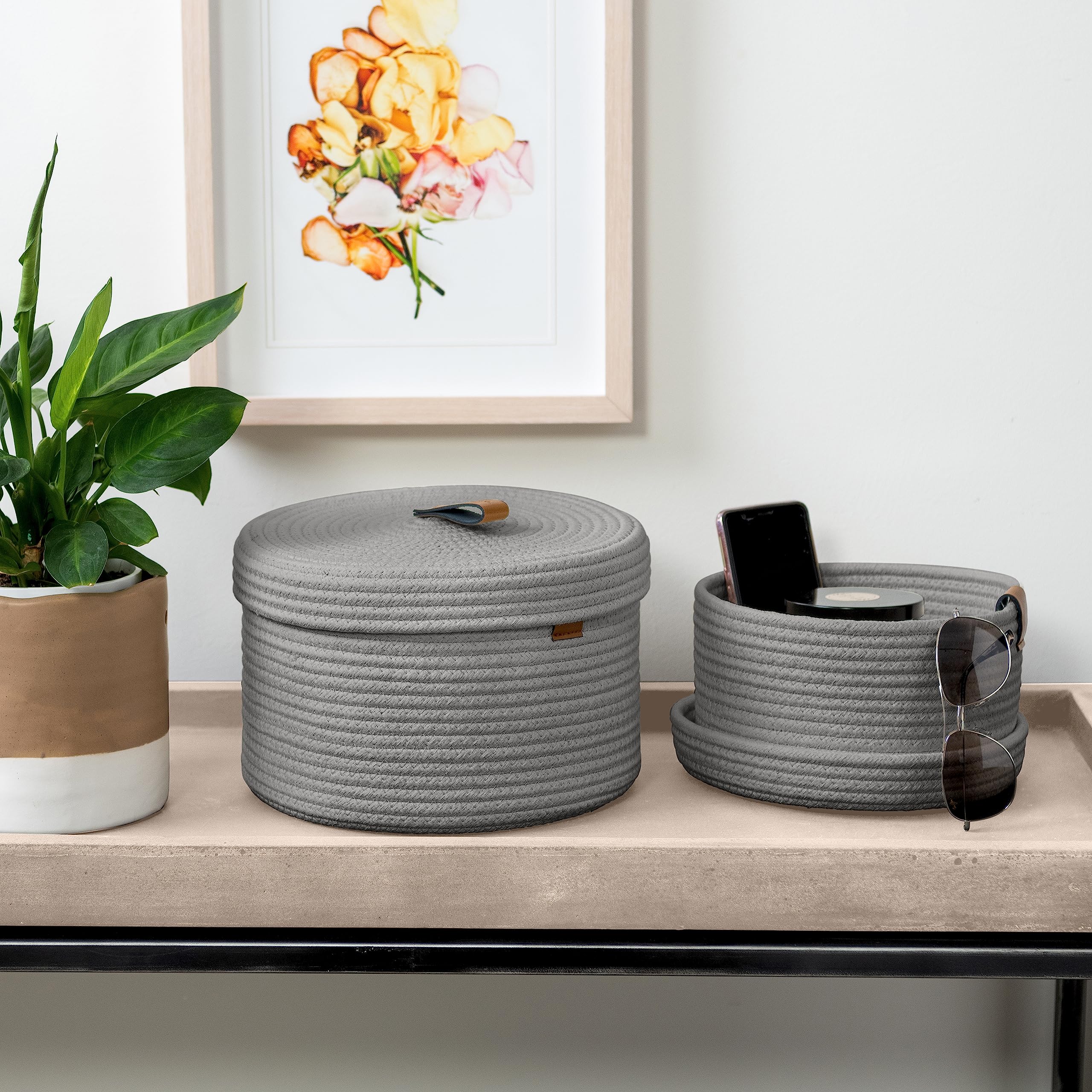 DENJA & CO Decorative Storage Basket Organizer Set of 3 and Round Baskets with Lids Set of 2 (Light Gray)