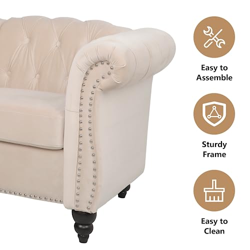 QHITTY Accent Sofa, Chesterfield Loveseat Modern Velvet Couch Upholstered Sofa with Tufted Back for Living Room Furniture (Beige)