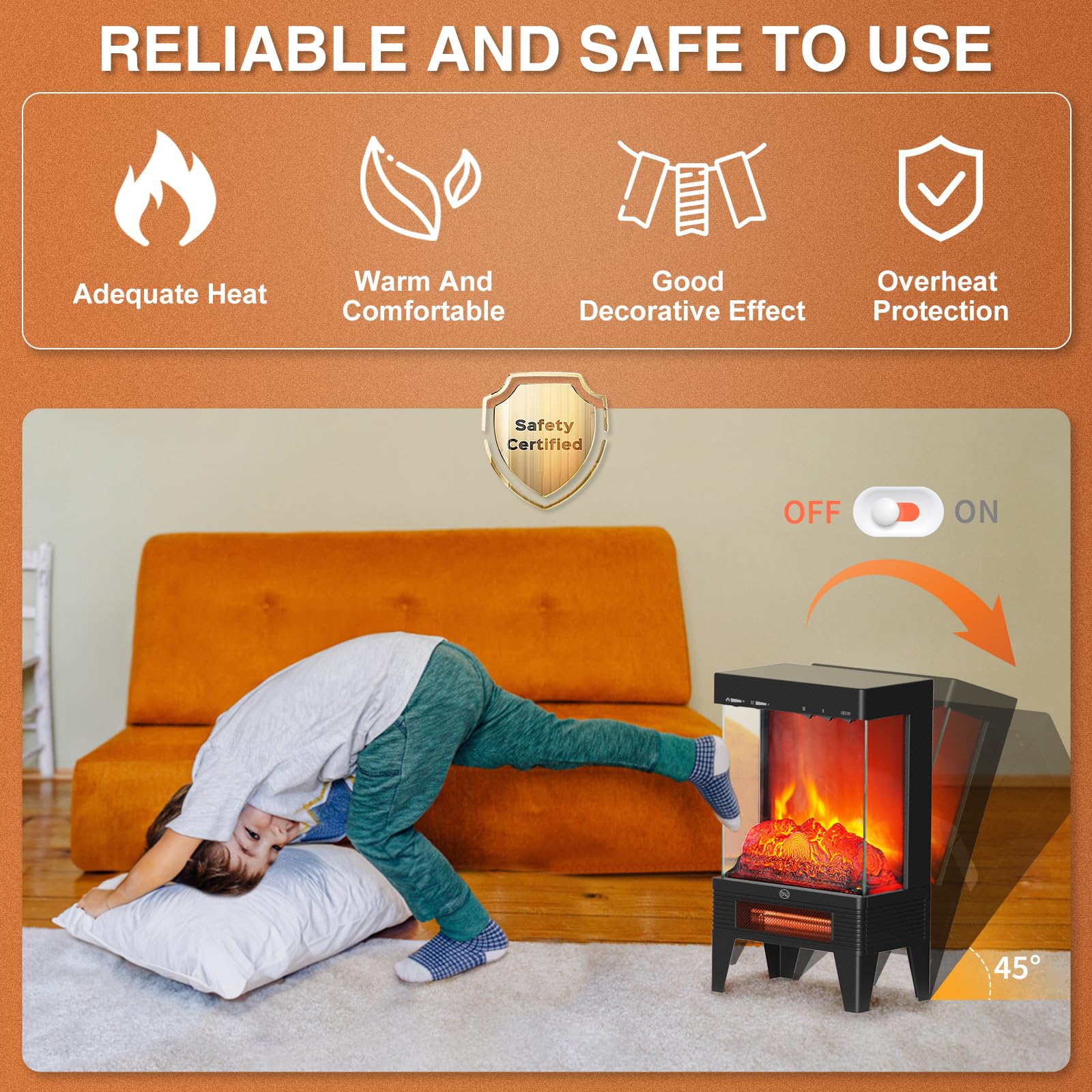 Electric Fireplace Stove, 1500W Freestanding Fireplace Heater with 3-Sided View, Realistic Flame, Adjustable Brightness and Heating Mode, Thermostat, Overheating Safe Design, ETL Certified