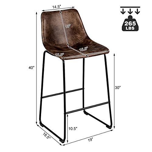 COSTWAY Set of 4 Bar Stool, Vintage Faux Suede Bar Stools, with Metal Legs, Back and Footrest, Upholstered Stool Chairs for Home Kitchen, Pub (Grey, 4)