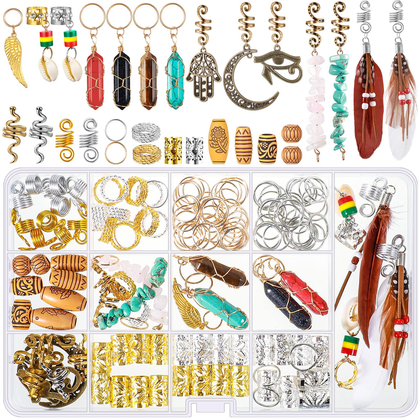 Yaomiao 150 Pieces Hair Jewelry Dreadlocks Gift Crystal Wire Wrapped Loc Adornment Assorted Imitation Wood Beads Braid Accessories for Braids Hair Cuffs Decorations for Women Girl