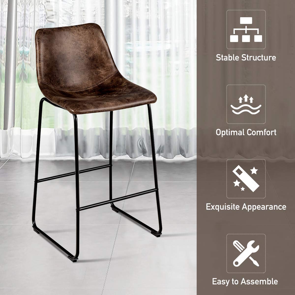 COSTWAY Set of 2 Bar Stools, Vintage Faux Suede Bar Stools, with Metal Legs, Back and Footrest, Upholstered Stools for Home Kitchen, Pub (Brown, 4)