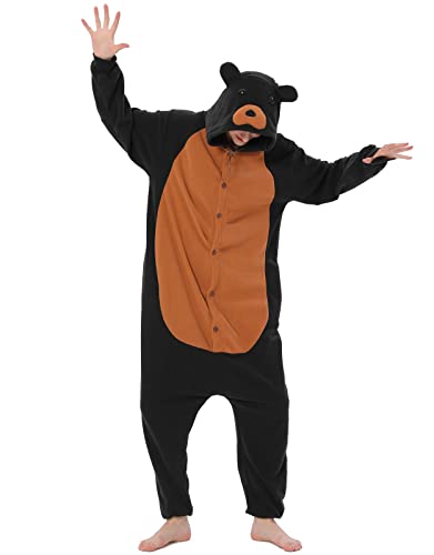Unisex Adult Bear Costume Pajamas, Animal Costume Halloween Sherpa Women's Cosplay Christmas One Piece Costume Black Bear XL