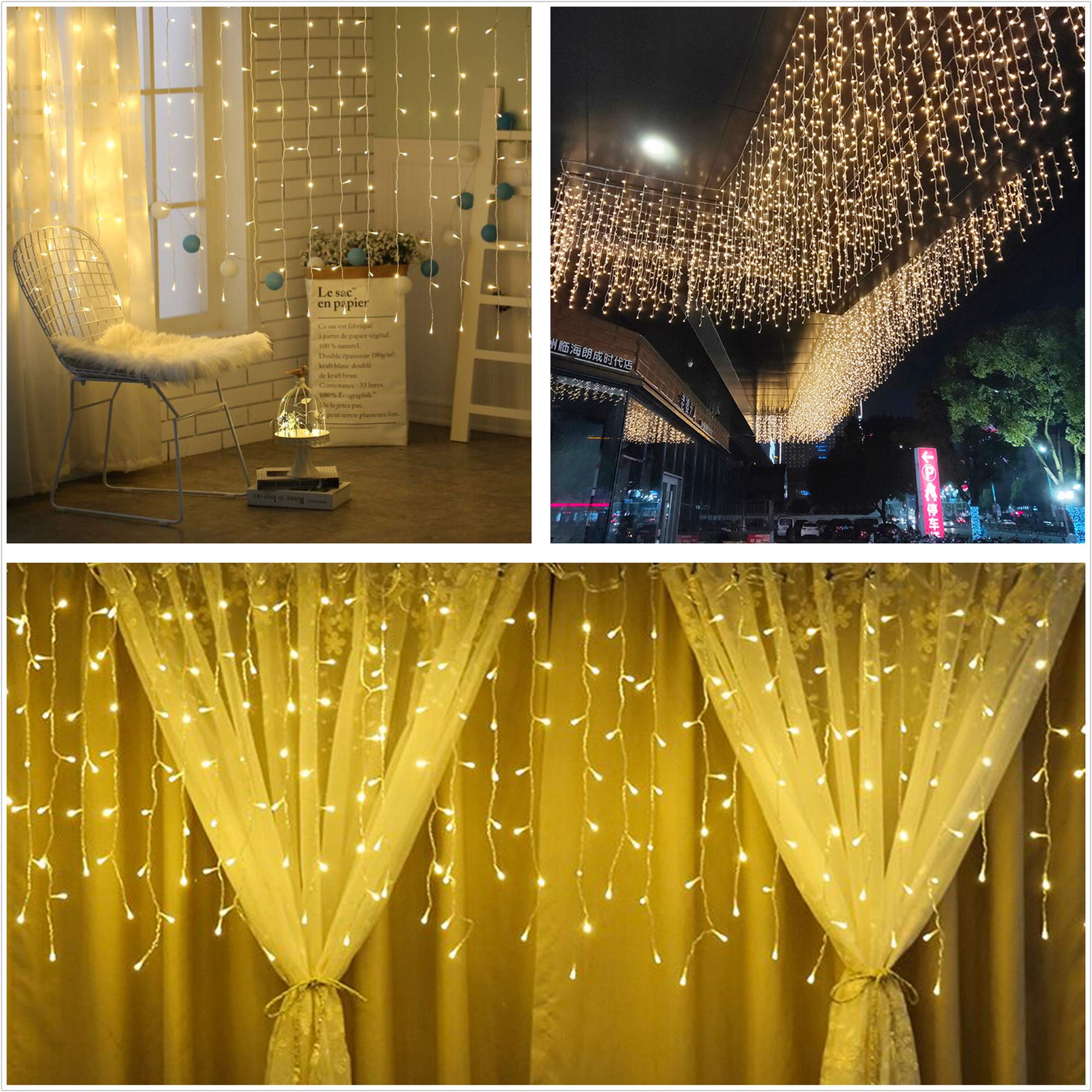 Curtain String Lights,Icicle Lights, Battery Operated,13ft(L) x 3.3ft(H),Remote,8 Mode,200 LED,Hanging Christmas Lights for Home Garden Patio Camping Party Window Balcony Decoration-Warm White