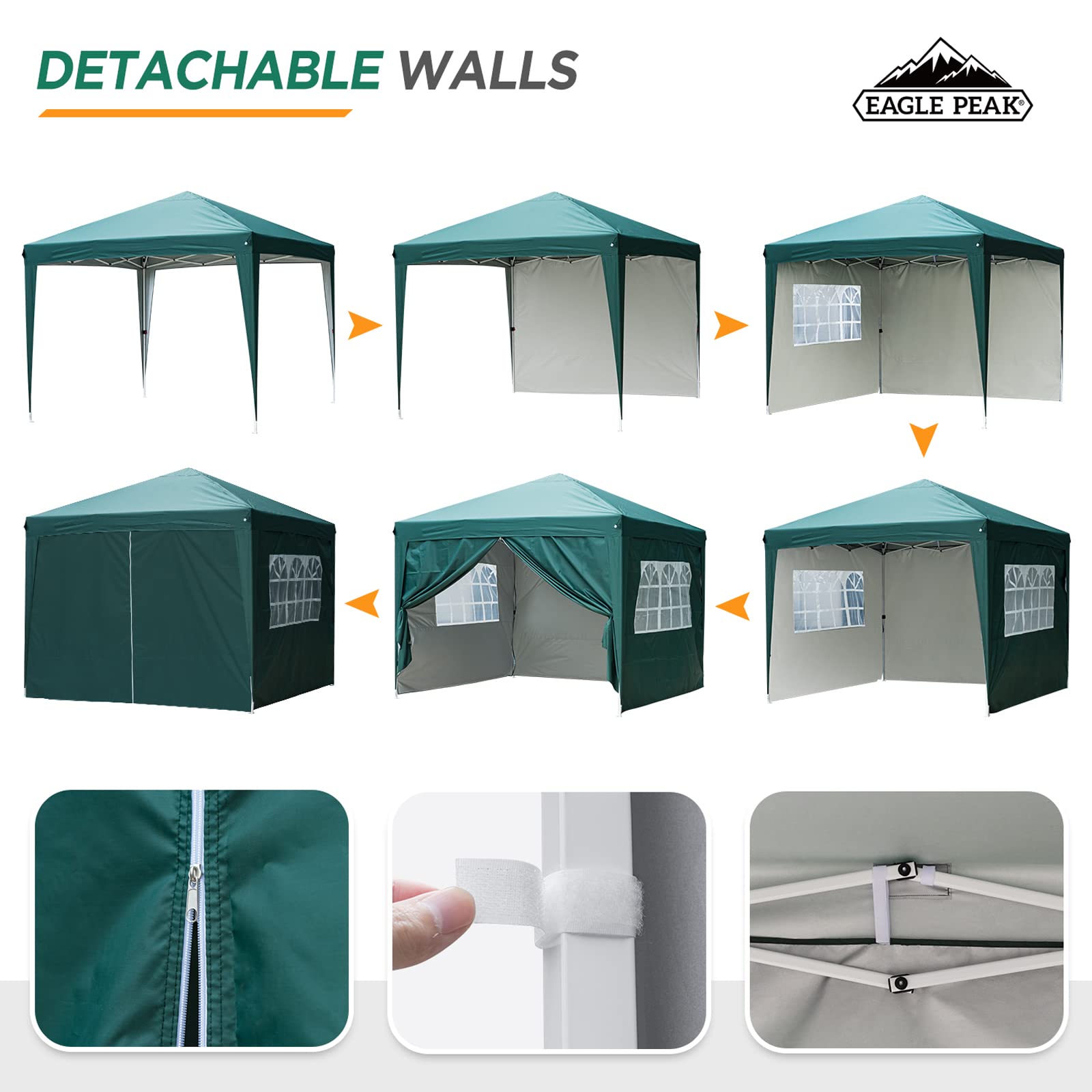 EAGLE PEAK 10x10 Pop Up Canopy Tent with 4 Side Walls, Easy Set up Shelter with 100 Square Feet of Shade, Green