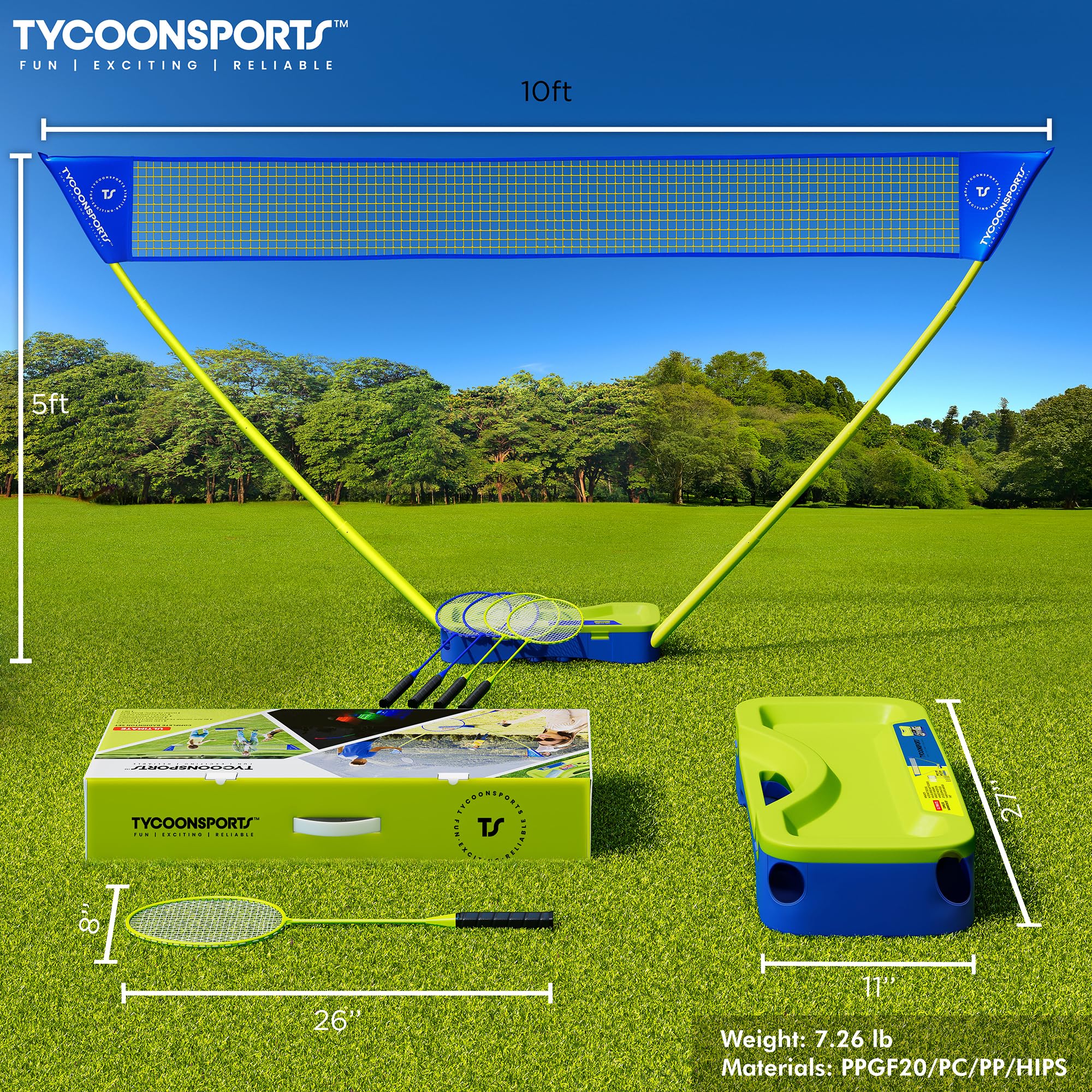 Complete Badminton Set | Portable Badminton Net with Stand 10 x 5 | 4 Badminton Rackets | 4 Over-Grips | 4 Racket Protectors | 8 Badminton Birdies (4 LED & 4 Goose-Feather) | 1 Hard Carry Case