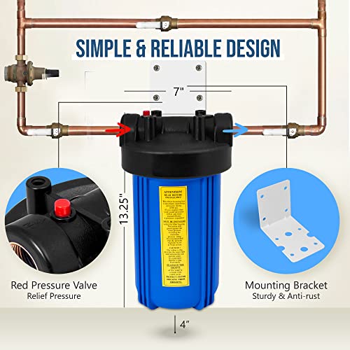 High Capacity 10 x 4.5-Inches Blue Whole House Water Filter Purifier System with Presser Relief Button, 1β Inlet/Outlet Brass Port & Yearly Supply (4) Polypropylene Sediment Cartridges 5 Micron