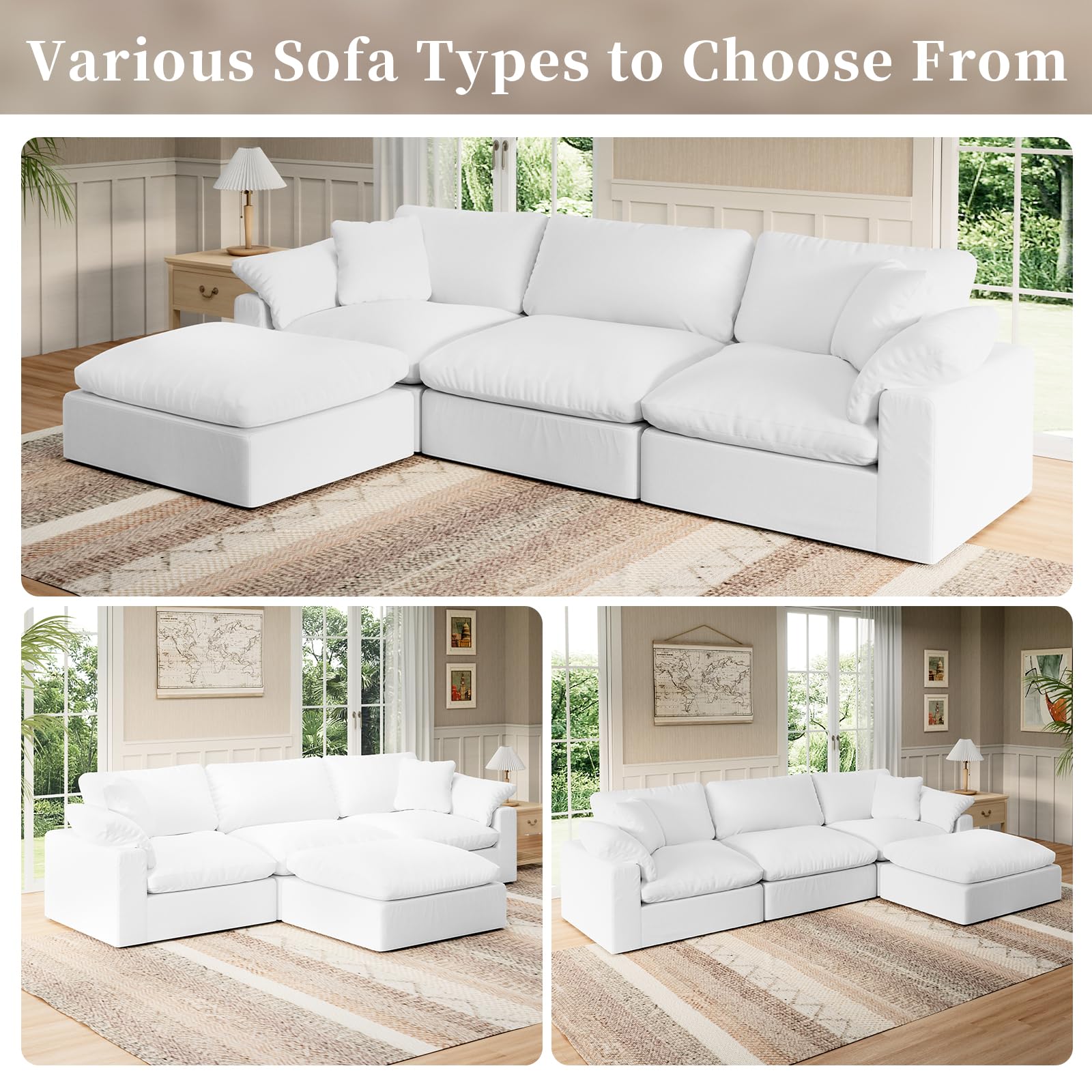 Intuition Decor Modular Sectional Sofa Cloud Couch,Down Filled Comfy Cloud Modern Sofa,White Linen L Shape Oversized Couch Cushion Covers Removable for Living Room, 3 Seater+1 Ottoman