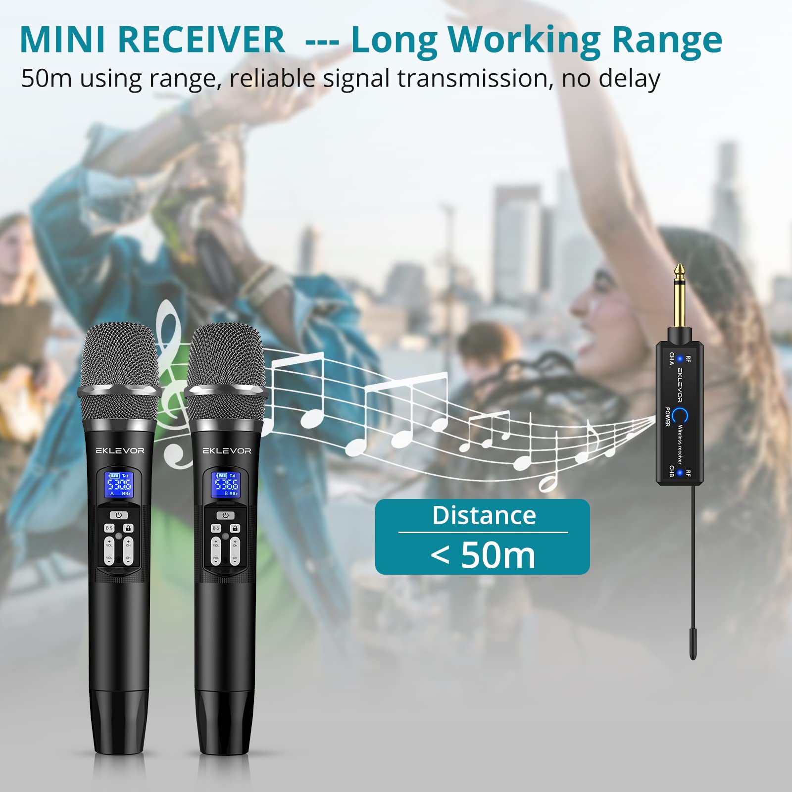 EKLEVOR Wireless Microphone, Portable UHF Handheld Karaoke Dynamic Microphone System with Rechargeable Receiver,160ft Range 2X25 Channels Karaoke Mics Set for Singing, Wedding, Speech, AMP