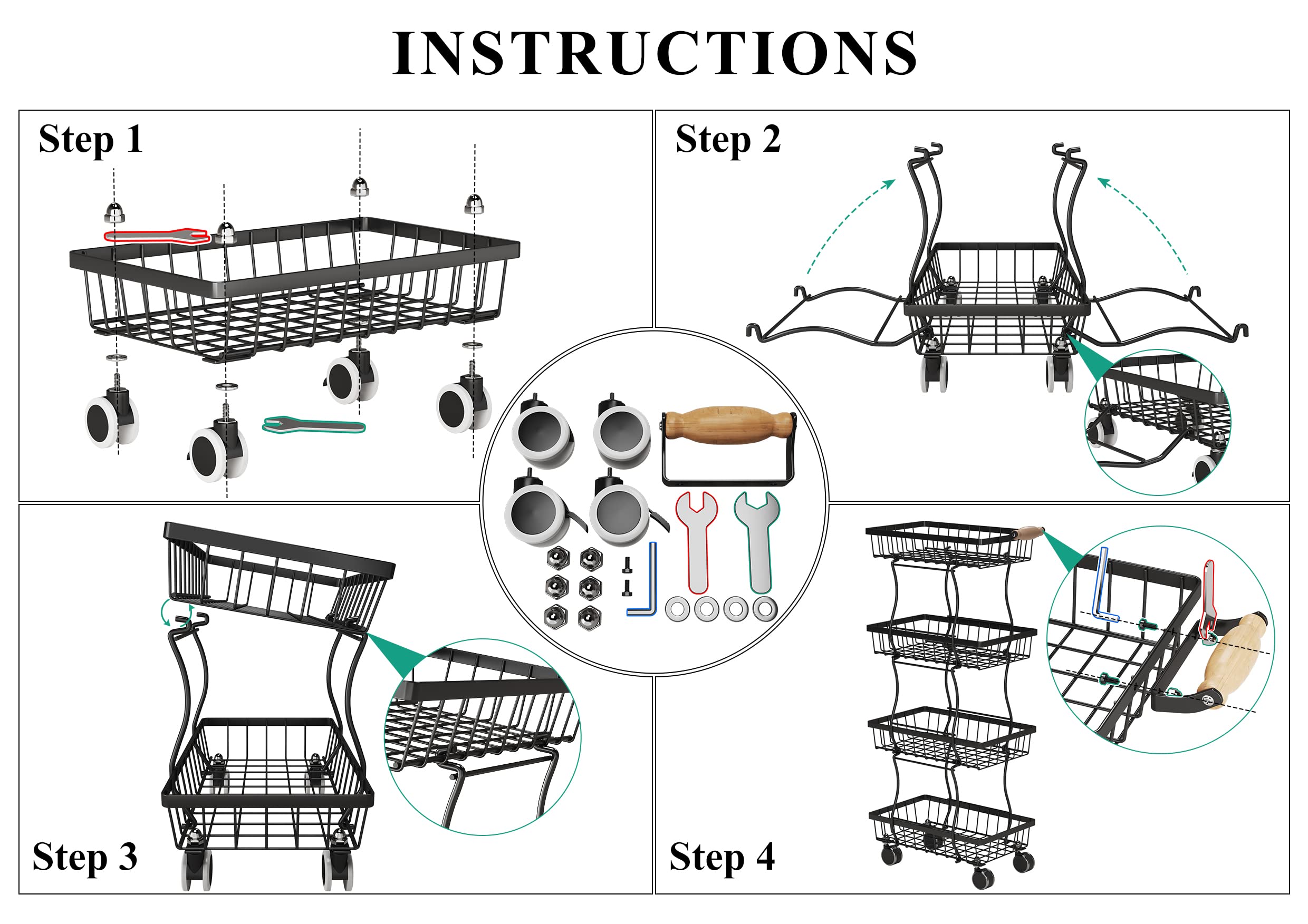 Fruit Vegetable Basket for Kitchen Organizers - 4 Tier Stackable Metal Wire Basket Stand, Black