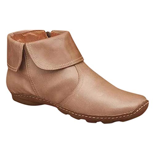 FASDNENDYS Zipper Non-Slip Toe Flats Casual Womens Ankle Round Leather Boots Shoes Immobilizing Boot Large Beige