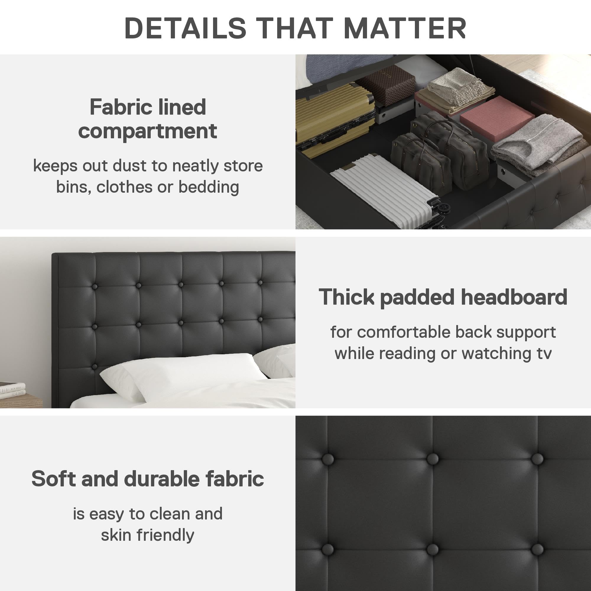 DHP Cambridge Gas Lift Upholstered Platform Bed with Storage Compartment and Button Tufted Headboard and Footboard, No Box Spring Needed, Queen, Black Faux Leather