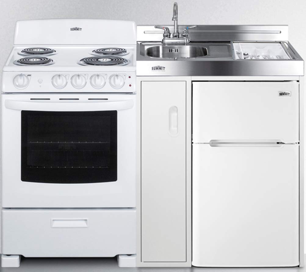 Summit Appliance ACK54COILW 54" Wide All-in-One Kitchenette with 220V 4-Element Electric Coil Range, Refrigerator-Freezer, Sink, Cutting Board and Cutlery Storage, and a Storage Cabinet