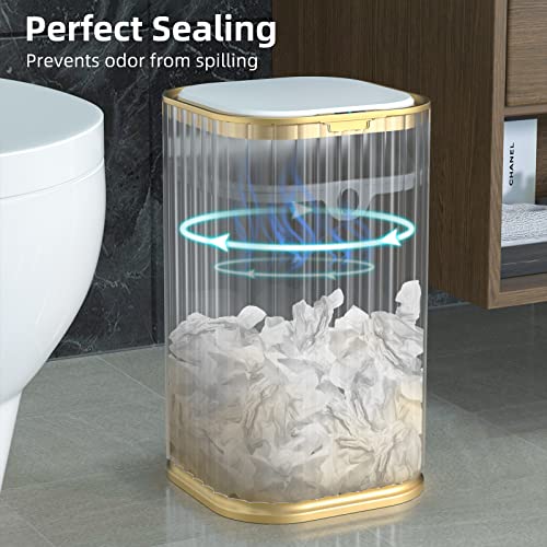MOPALL 3.5 Gallon Automatic Trash Can,Waterproof Slim Touchless Bathroom Garbage Can with a Lid(White with Gold Trim)
