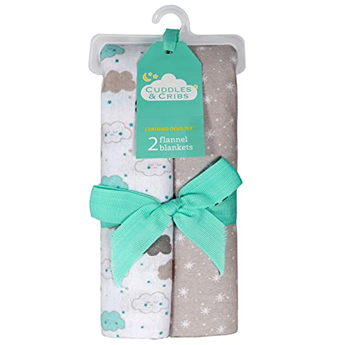 Cuddles & Cribs Baby Receiving Blankets – 100% Cotton Flannel Receiving Blankets - Clouds & Sparkles - Pack of 2-30 x 30 Inch