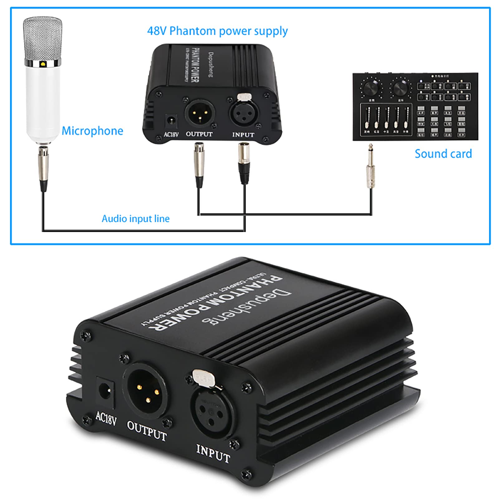 Depusheng USB 1- Channel 48V Phantom Power Supply w/Adapter XLR Audio Cable for Condenser Micro Microphone Music Equipment