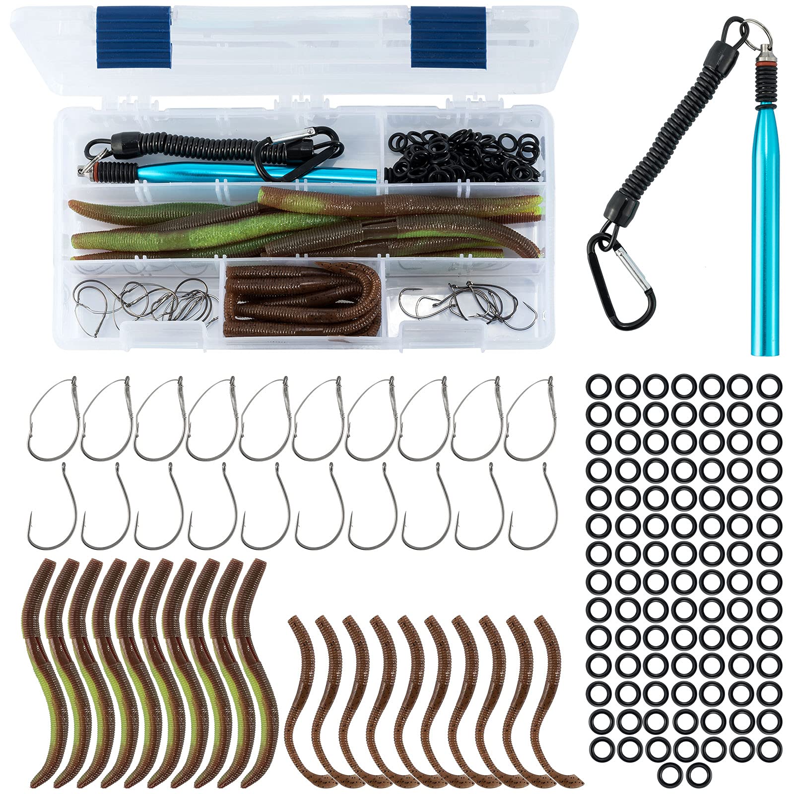Dr.Fish 141-Pieces Wacky Worms for Bass Fishing Wacky Rig Kit Weedless Hook Plastic Worm Stick Bait Wacky Tool and O Rings