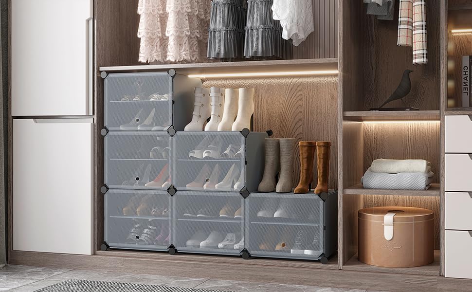 UNZIPE Shoe Rack for Entryway, 8 Cube 16-Tier Shoe Storage Cabinet 32 Pairs Plastic Freestanding Shoe Organizer DIY for Entryway Hallway Closet or Bedroom, Dark Grey