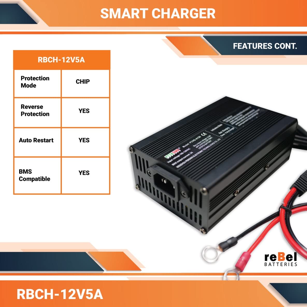 reBel Batteries - 12V LiFePO4 Charger 5 Amp Intelligent Chip CC/CV Multistage Lithium Battery Charger Ring Terminals Plus Alligator Clips